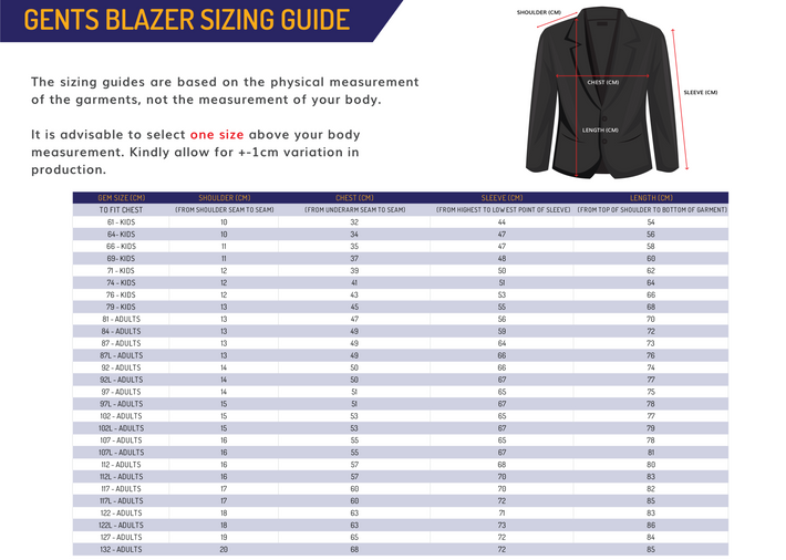 Size Guide – Gem Schoolwear